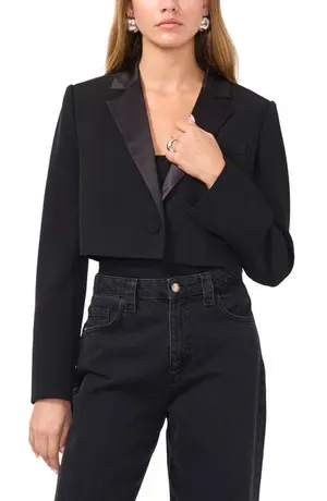 1.State Satin Lapel Crop Tuxedo Blazer