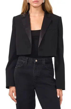 1.State Satin Lapel Crop Tuxedo Blazer - Rich Black