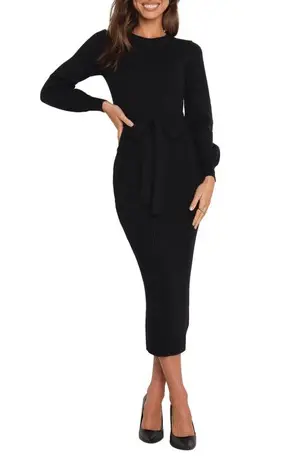 PETAL & PUP Helena Belted Long Sleeve Sweater Dress - Black