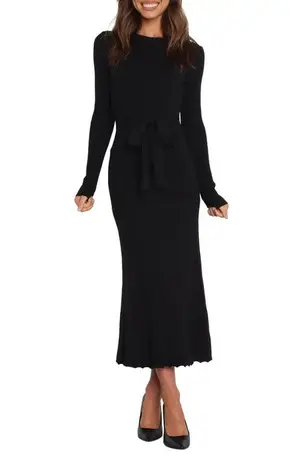 Belted Long Sleeve Rib Sweater Dresses