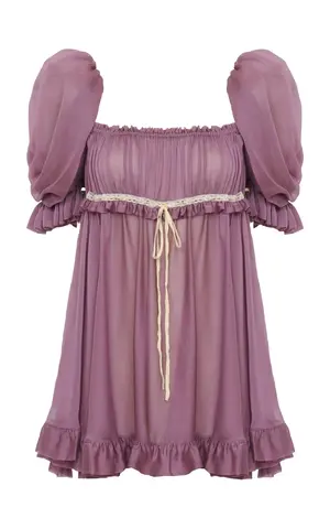 pleated silk mousseline babydoll dress Beige Chiffon Floral Pleated Babydoll Mini Dress