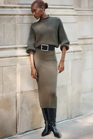 Anthropologie Long-sleeve Slim Sweater Midi Dress - Olive