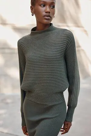 Anthropologie Long-sleeve Slim Sweater Midi Dress - Olive