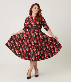 Unique Vintage Devon Swing Dress - Black & Red Roses