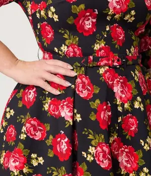 Unique Vintage Devon Swing Dress - Black & Red Roses
