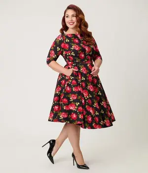Unique Vintage Devon Swing Dress - Black & Red Roses