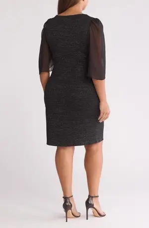 CONNECTED APPAREL Chiffon Cape Sleeve Knit Dress - Black