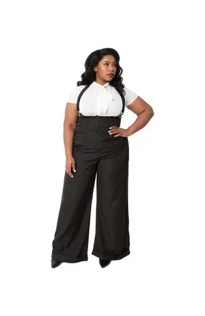 Unique Vintage Thelma High Waist Suspender Pants - Black