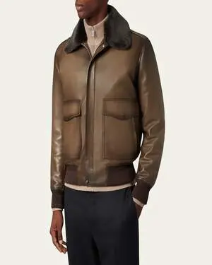 Berluti Leather Bomber Jacket With Shearling Collar