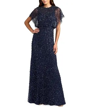 Mac Duggal Beaded Mesh Gown With Shawl - Midnight
