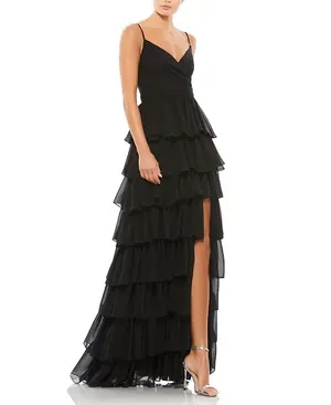 Mac Duggal Sleeveless Gown With Tiered Ruffled Skirt And V-neckline