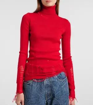 MAISON MARGIELA Distressed Wool-blend Turtleneck Sweater - Red