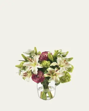DIANE JAMES Lilies, Ranunculus, And Snowballs 16" Faux Floral Arranget In Glass Vase - One-color