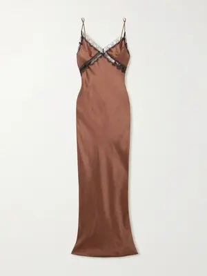 Kiki De Montparnasse Lace-trimmed Silk-satin Maxi Dress - Brown
