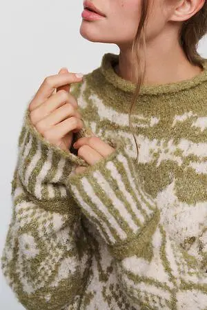 PILCRO Relaxed Roll-neck Sweater - Green Pattern