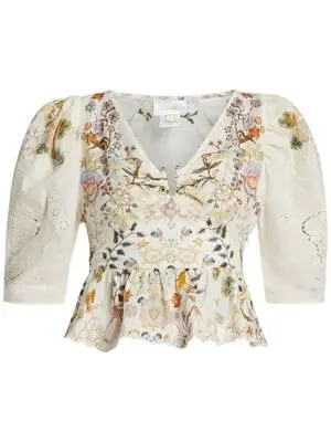Camilla Floral-embroidered Linen Top