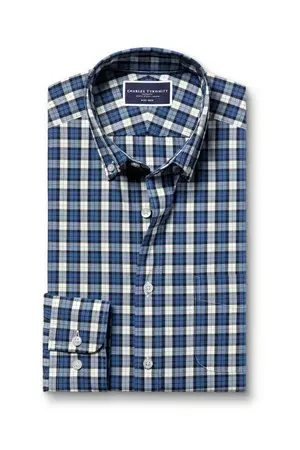 CHARLES TYRWHITT Slim Fit Plaid Check Non-iron Stretch Poplin Shirt - Ocean Blue