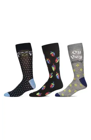 MEMOI Assorted Hannukah Crew Socks 3 Pack - Grey