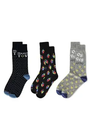 MEMOI Assorted Hannukah Crew Socks 3 Pack - Grey