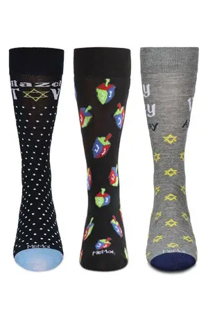 MEMOI Assorted Hannukah Crew Socks 3 Pack - Grey