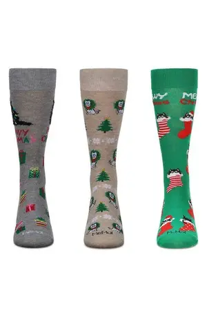 MEMOI Assorted Christmas Crew Socks 3-pack - Black/nude