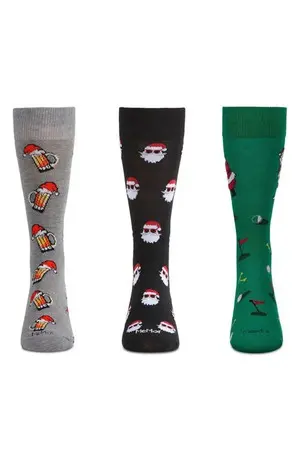 MEMOI MeMoi Assorted Christmas Crew Socks - 3-Pack Grey/black