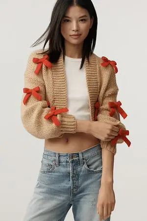 Maeve Alicia 3d Bow Crop Cardigan Sweater - Tan