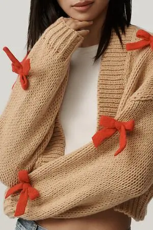 Maeve Alicia 3d Bow Crop Cardigan Sweater - Tan