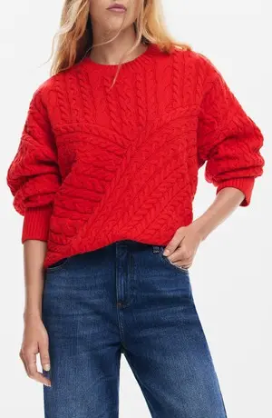 Desigual Exeter Cable Crewneck Sweater - Red