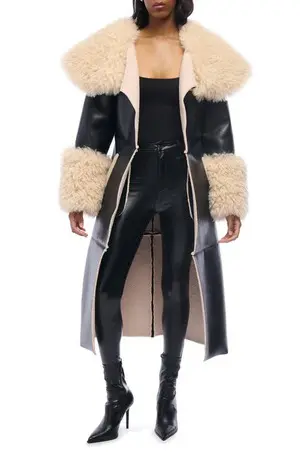 AZALEA WANG Faux Fur Trim Trench Coat - Black