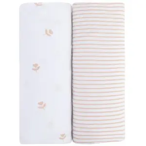 ZZDNU CRIB SHEET SET Baby Fitted Crib Sheet Set 2 Pack - Mauve Tulip & Stripes