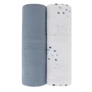 ELY'S & CO. Cotton Muslin Swaddle Blanket 2 Pack Blue Dots/solid Blue