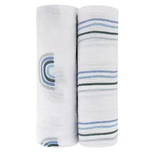 ELY'S & CO. Cotton Muslin Swaddle Blanket 2 Pack - Blue Rainbow/stripes