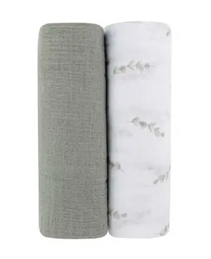 ELY'S & CO. Cotton Muslin Swaddle Blanket 2 Pack - Eucalyptus Print/solid Sage