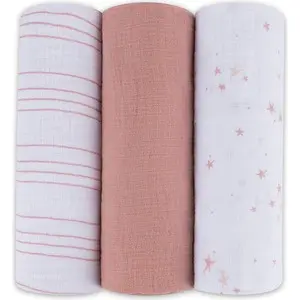 ELY'S & CO. Cotton Muslin Swaddle Blanket 3 Pack - Dusty Rose Stars