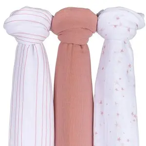 ELY'S & CO. Cotton Muslin Swaddle Blanket 3 Pack - Dusty Rose Stars