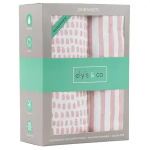 ELY'S & CO. Baby Fitted Waterproof Crib Sheet Set 2 Pack - Mauve Stripes & Splash