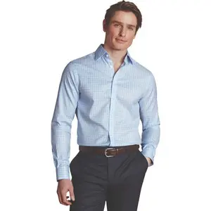 CHARLES TYRWHITT Triple Check Non-iron Twill Slim Fit Shirt Single Cuff - Sky Blue