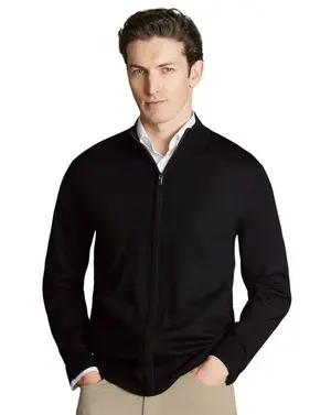 CHARLES TYRWHITT Pure Merino Full Zip Through Cardigan - Black