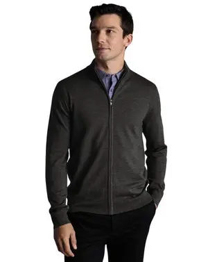 CHARLES TYRWHITT Pure Merino Full Zip Through Cardigan - Grey