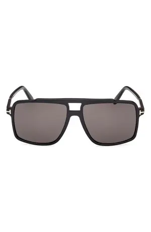 TOM FORD Kemp 59mm Navigator Sunglasses - Shiny Black/ Eco/ Smoke Lenses