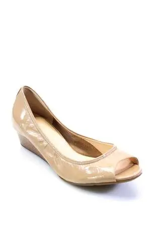 Cole Haan Womens Patent Leather Peep Toe Slipon Wedge Heels Tan - Brown