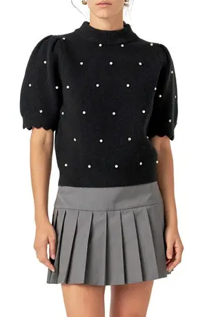 English Factory Embellished Short Sleeve Sweater - Black