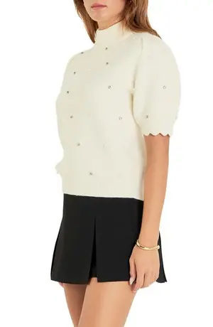 English Factory Embellished Short Sleeve Sweater - White