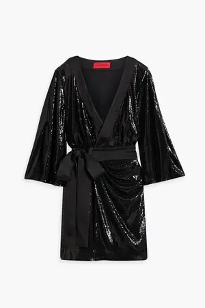 Halston Saga Draped Sequined Mesh Mini Wrap Dress
