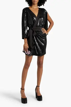 Halston Saga Draped Sequined Mesh Mini Wrap Dress