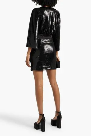 Halston Saga Draped Sequined Mesh Mini Wrap Dress