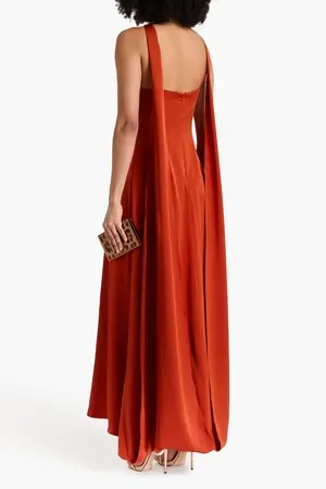 Halston Embellished Draped Satin Gown - Tan