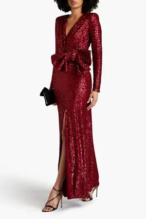 RHEA COSTA Belted Sequined Tulle Gown