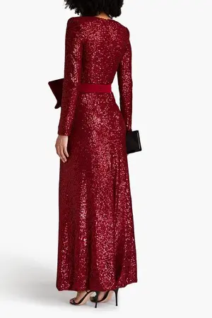 RHEA COSTA Belted Sequined Tulle Gown